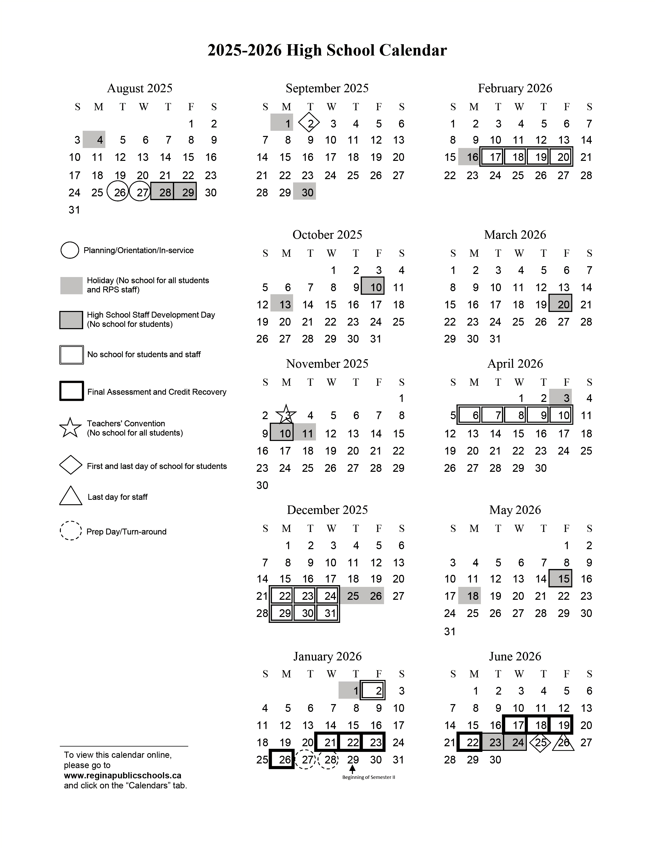 High School Calendar 2025-26 | Regina Public Schools